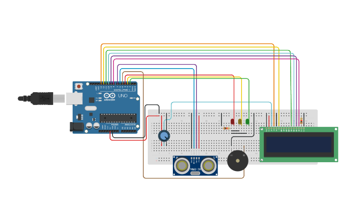 Circuit design Projek Sensor Parking - Tinkercad Circuit design Projek Sensor Parking - Tinkercad