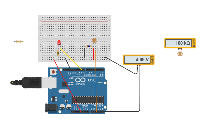 Circuit design Circuito26.1: LDR + LED - Tinkercad