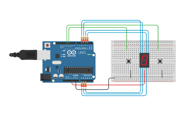 Circuit design Actividad - Desafío: Contador con visualizar | Tinkercad