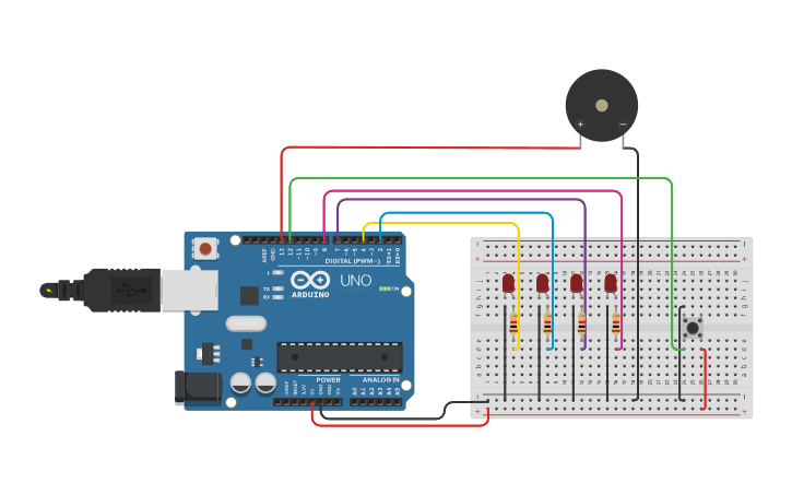 Circuit design 4 Led 1 Buzzerr - Tinkercad