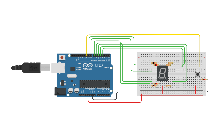 Circuit design 7 segment display counter 1-5 - Tinkercad
