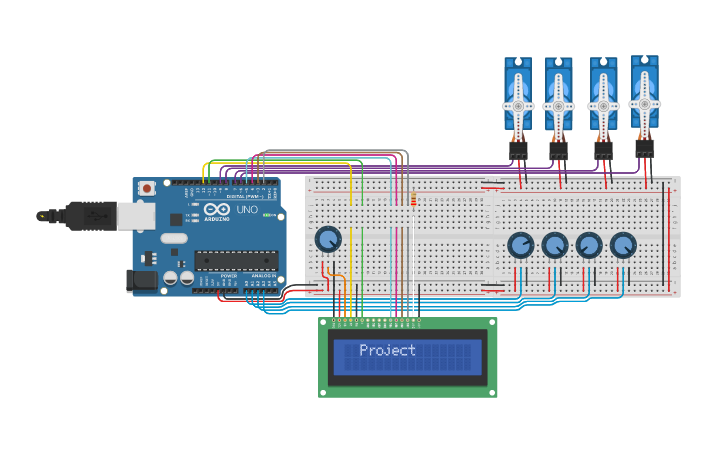 Circuit design Robotic Arm and LCD Project - Tinkercad
