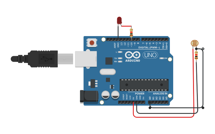 Circuit design LED BRIGHTNESS CONTROL USING LDR - Tinkercad