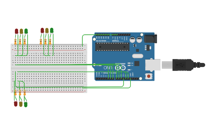 Circuit design semaforo de tres vias | Tinkercad