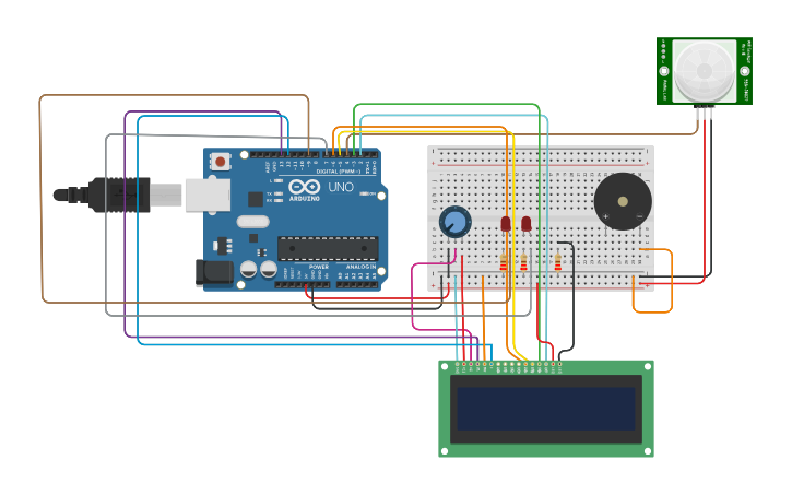 Circuit design Lcd dan PIR - Tinkercad