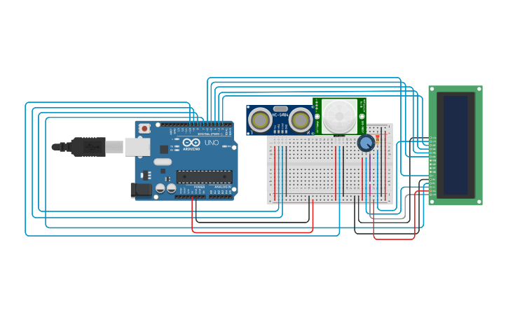 Circuit design Rangkaian Sensor PIR + Sensor Ultrasonik + LCD - Tinkercad
