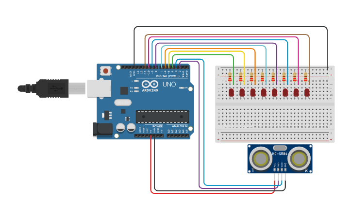 Circuit design Indicador de distancia - Tinkercad