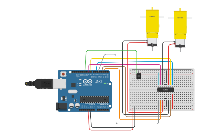 Circuit design Trabalho 1- Controlar dois motores DC por IR | Tinkercad