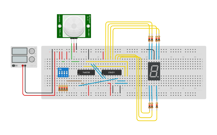 Circuit design ENGG 121 PIR and 74HC93 demo - Tinkercad