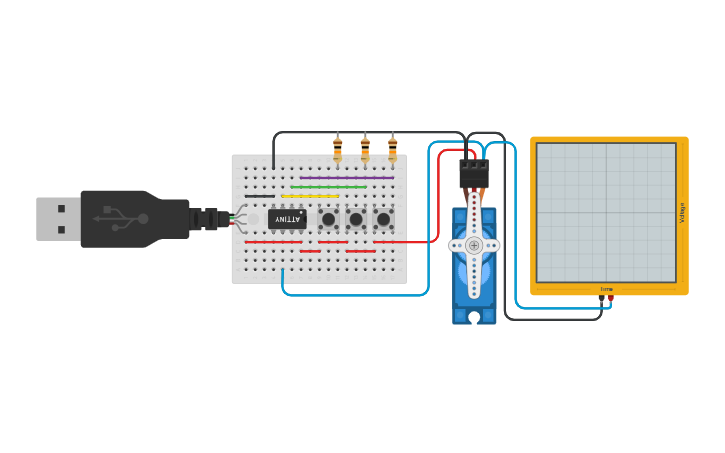 Circuit Design Attiny Drives Servo Via 3 Buttons Block Code Tinkercad 6996