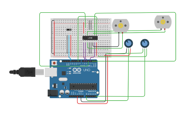 Circuit design CONTROL DE VELOCIDAD Y GIRO DE DOS MOTORES DC - Tinkercad