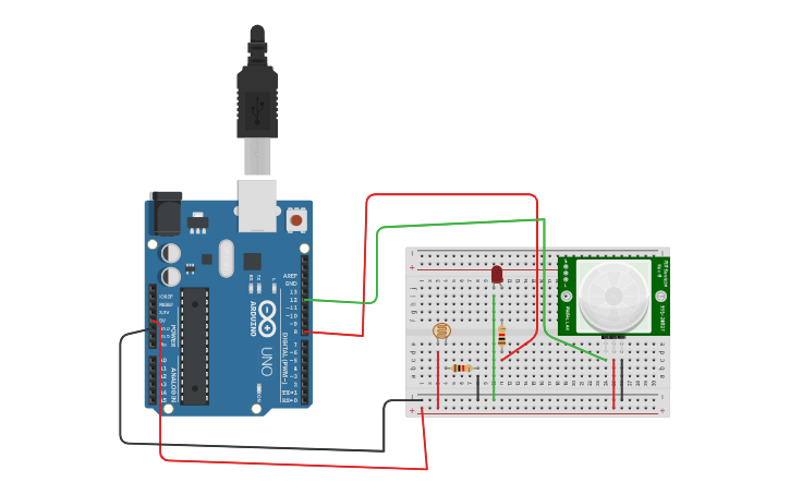 Circuit design home automation usiong ldr & PIR SENSORS - Tinkercad