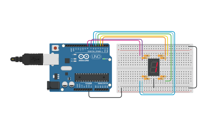Circuit design Display 7 segmentes con arduino | Tinkercad