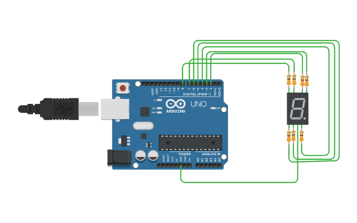 Circuit design Display 7 seg. 1-9 aut | Tinkercad