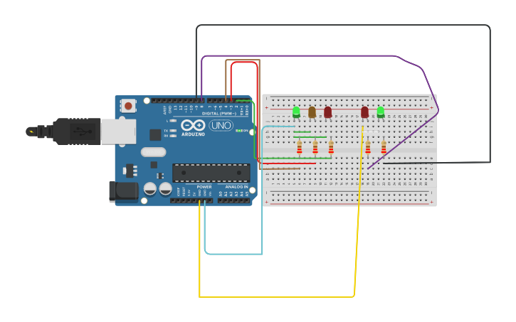 Circuit design Semáforo LED Piões | Tinkercad