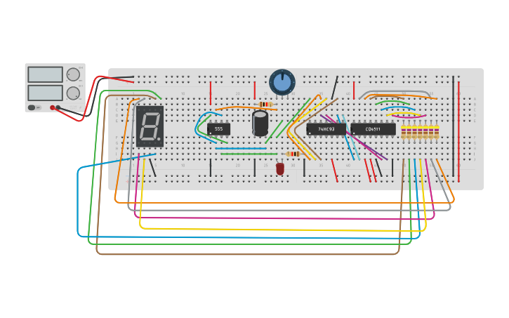 Circuit design 555 Timer, 7493 Binary Counter, and 4511 7-Segment Display Decoder - Tinkercad