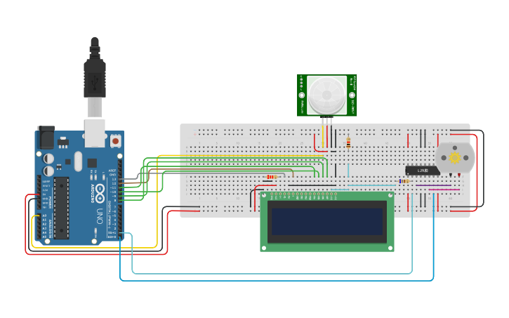 Circuit design Automatic door open and close by PIR and DC motor debug | Tinkercad