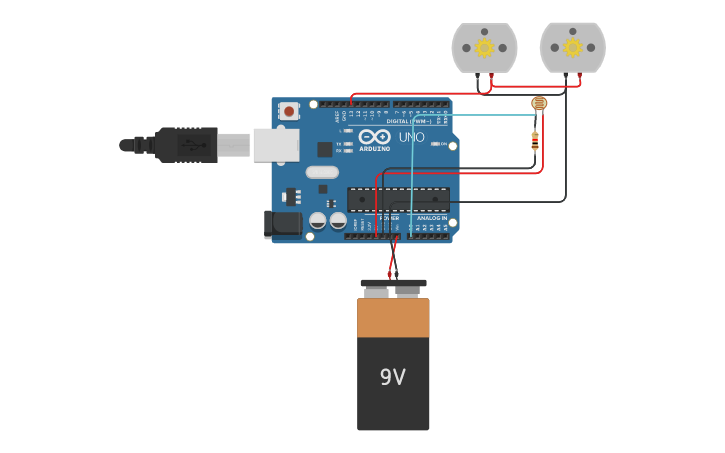 Circuit design Control 2 DC motor using LDR - Tinkercad