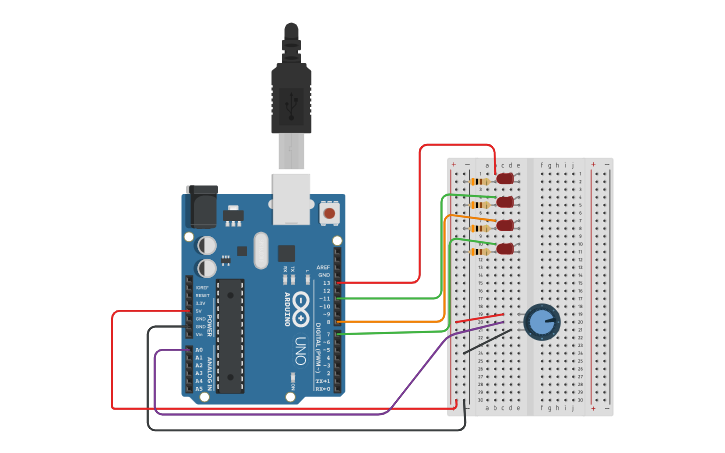 Circuit design L6- Dial to Sequence 4 LEDS - Tinkercad