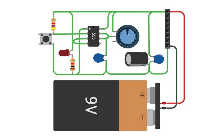 Circuit design NE555 Monostable trigger (timer) - Tinkercad
