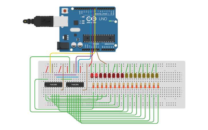 Circuit design Arduino e 74HC595 Contador Binário - Tinkercad