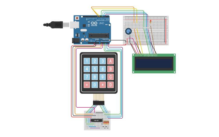 Circuit design LCD and 4×4 keypad with 4017 | Tinkercad
