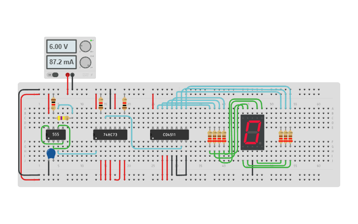 Circuit design 2 Bit up counter (using j-k flip flop) - Tinkercad