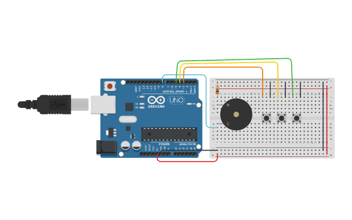 Circuit design (A6) Piezo Keyboard (3 Buttons) - Tinkercad