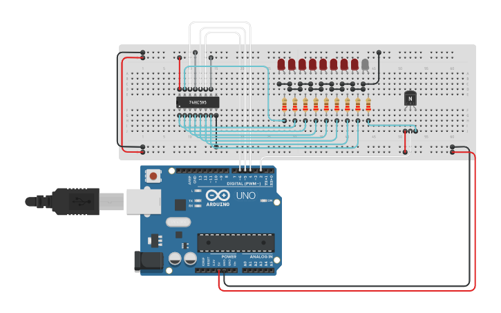 Circuit design 8-Bit Shift Register and NPN Transistor - Tinkercad