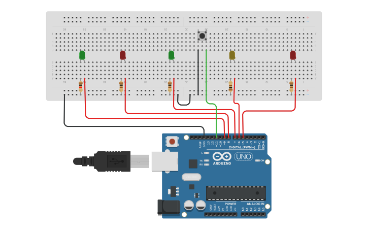 Circuit design Ampel_mit_Fußgängerampel_und_Taster - Tinkercad