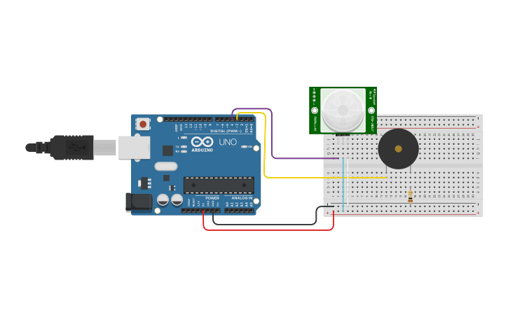 Circuit design PIR Motion detector Alarm - Tinkercad