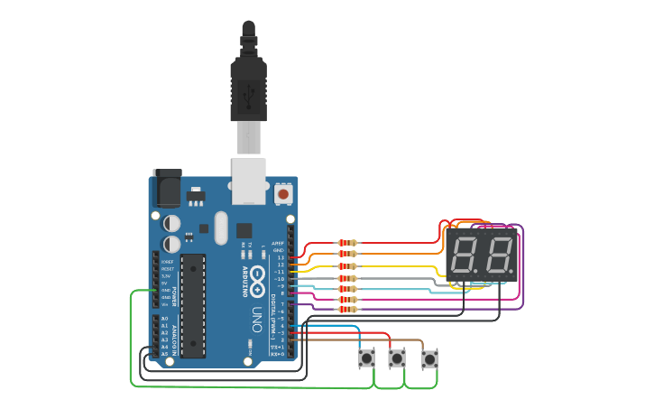 Circuit design Contador con dos displays de 7 segmentos - Tinkercad