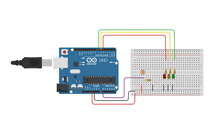 Circuit design TLS - Fotorresistencia + Semaforo - Tinkercad