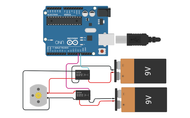 Circuit design DC Motor With 2 Relays - Tinkercad