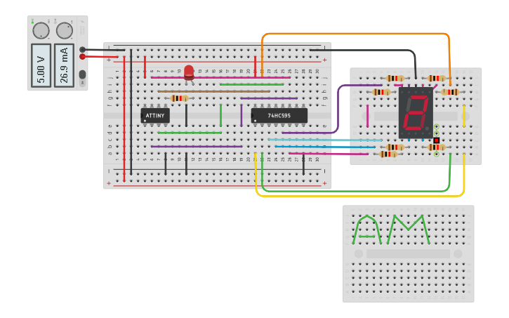 Circuit design LSD SR shift-register ATTINY e Ci 74595 registrador de deslocamento | Tinkercad