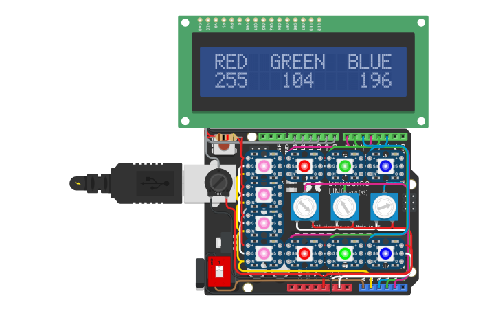 Circuit design NEOPIXEL SET COLORS ( 3 x POT ) - Tinkercad
