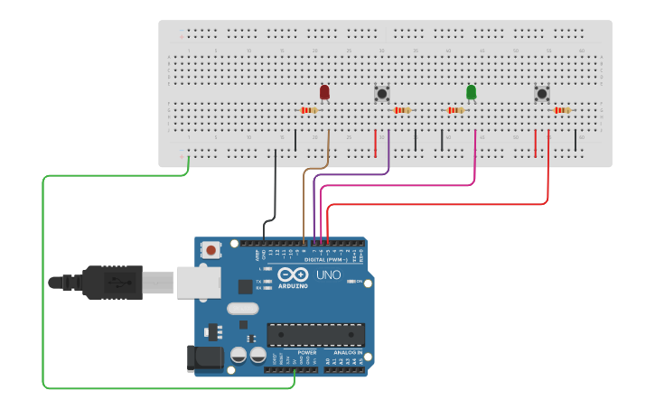 Circuit design accensione led con pulsanti | Tinkercad