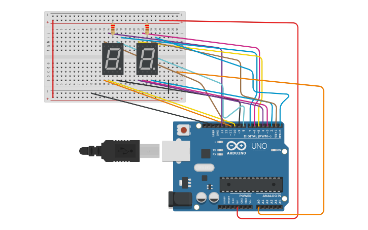 Circuit design 2 display de 7 segmentos. - Tinkercad