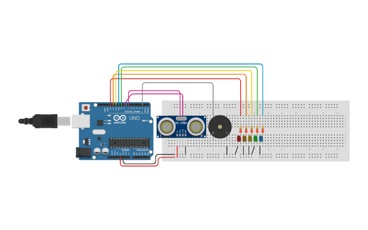 Circuit design Sensor de dist./leds/buzzer - Tinkercad