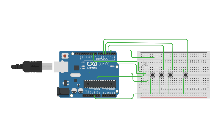 Circuit design RGB led controlled with push buttons - Tinkercad
