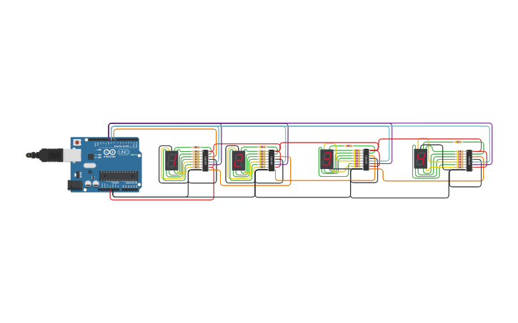 Circuit design 4 Display 7 Segmentos prontos para receber valor - Tinkercad