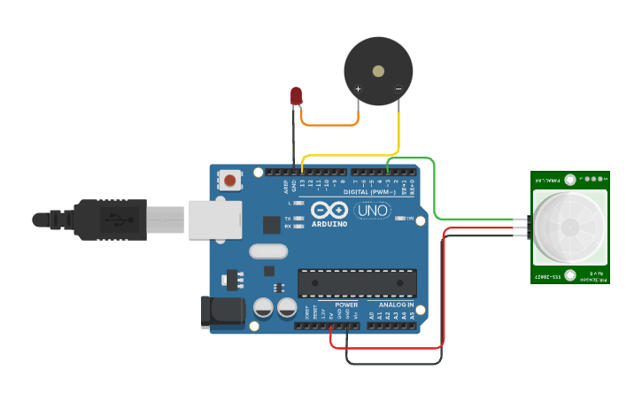 Circuit design PIR sensor and Buzzer circuit with Arduino - Tinkercad