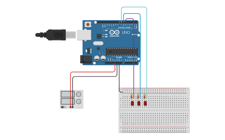 Circuit design Encendido secuencial de 3 LED's | Tinkercad