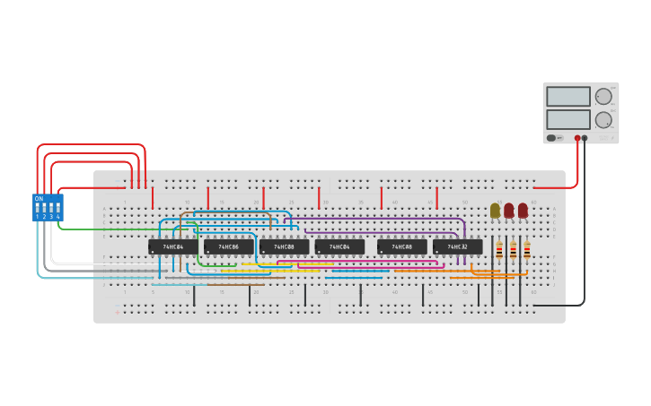 Circuit design 2 bit magnitude comparator - Tinkercad