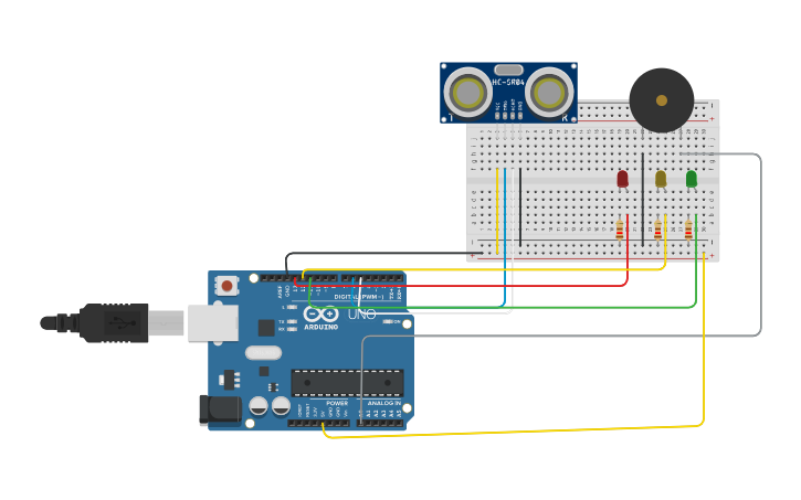 Circuit design Sensor de distancia con sonido - Tinkercad
