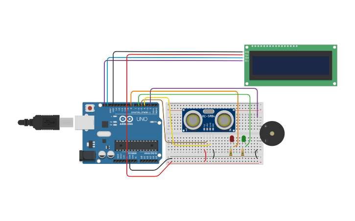 Circuit design Arduino e sensor ultrassônico com LCD Serial: sensor de Ré | Tinkercad