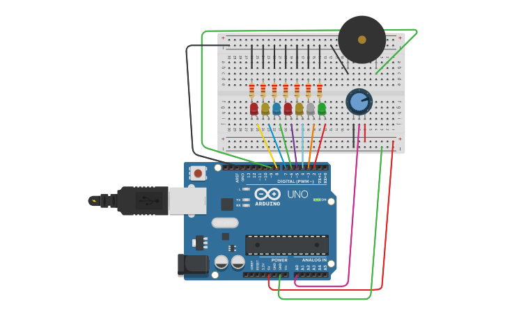 Circuit design Leds-potenciometro-buzzer - Tinkercad