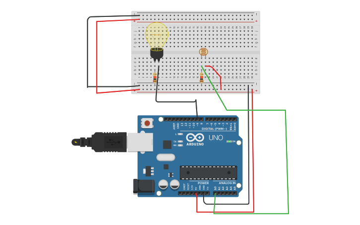Circuit design LDR SENSOR AND BULB | Tinkercad