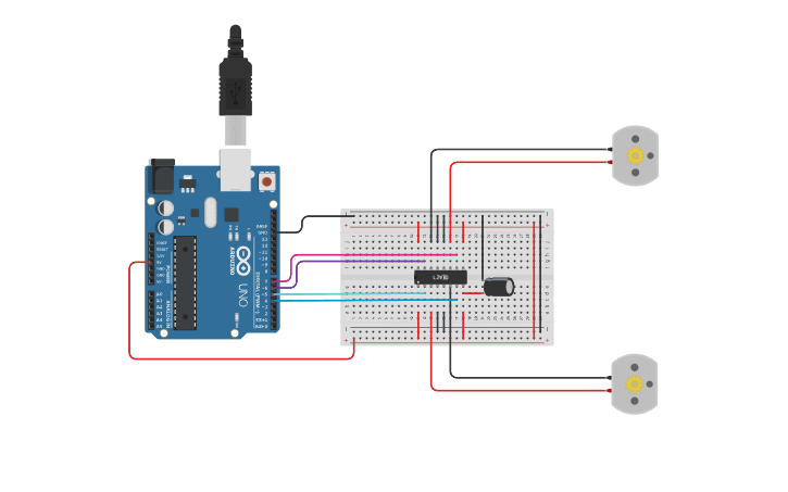 Circuit design Uno R3 & L293D drive 2 motors. - Tinkercad