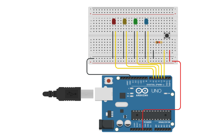 Circuit design 4 leds con push boton - Tinkercad